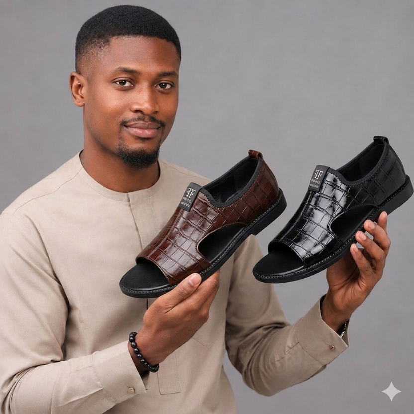 Sandales Homme Cuir Croco Premium FRONCI XG – Noir & Marron – Bantoo store